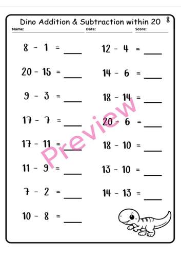 Dino Addition & Subtraction Worksheets within 20 by RED Sheets | TPT