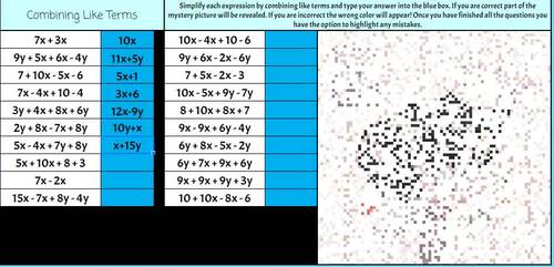 Combining Like Terms Math Pixel Art | 2 Variables by Pick Up and Go ...