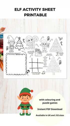 Elf Activity Sheet, Christmas Holiday Coloring, Festive Kids Puzzle ...