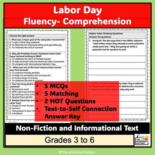 Labor Day Fluency Comprehension Non-Fiction Informational Text G3 to 6 ...