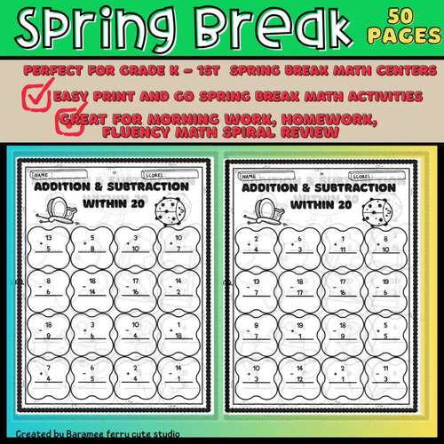Spring Break Math Addition & Subtraction Within 20 Mixed Practice No ...