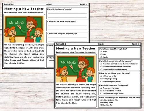 First Week of School Fun Reading Comprehension Passages with Questions ...
