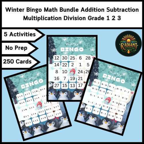 Winter Bingo Math Bundle Addition Subtraction Multiplication Division