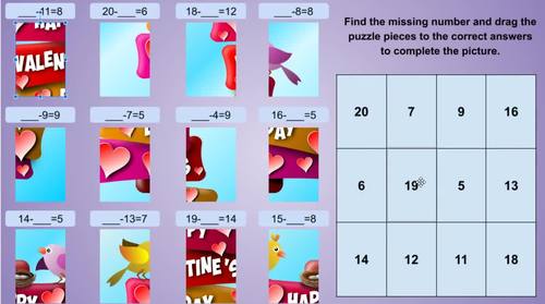 Valentines Day Math Puzzles Missing Addends, Subtrahend, Minuend to 20 ...