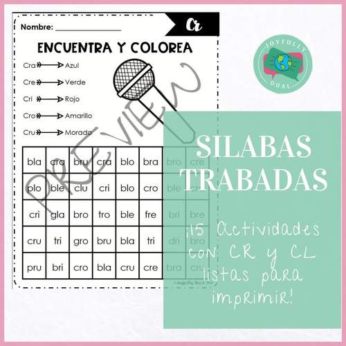 Silabas trabadas con CR y CL - Spanish Blends - Worksheets by Joyfully Dual