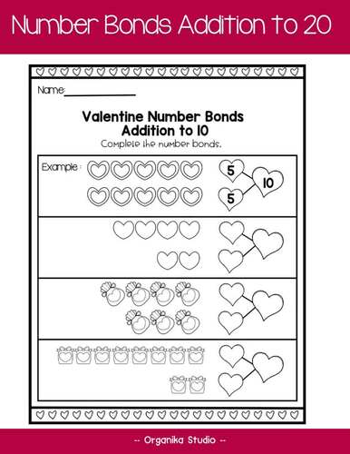 Valentines Number Bonds addition to 20 | Number Bonds math worksheet