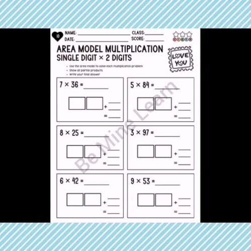 Area Model Multiplication Worksheets 2x1, 3x1 and 2 x 2 digits ♥ BUNDLE ♥