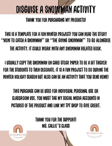Disguise a Snowman- Classroom Winter Activity Project by Ms Callies Class