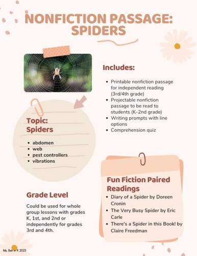 Spiders (Nonfiction Passage, Writing Prompts, & Comprehension Check ...