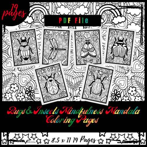 Bugs & Insects Mindfulness Mandala Coloring Pages, Printable Sheets PDF