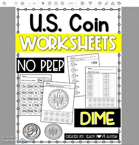 Dime Worksheets by Teach Love Autism | TPT