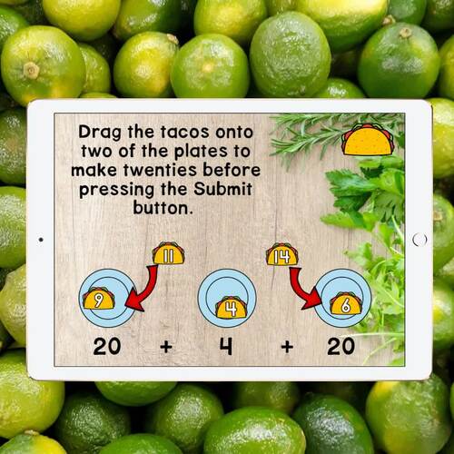 Adding 3 numbers by regrouping into 20s | Tacos | Boom Cards | TPT