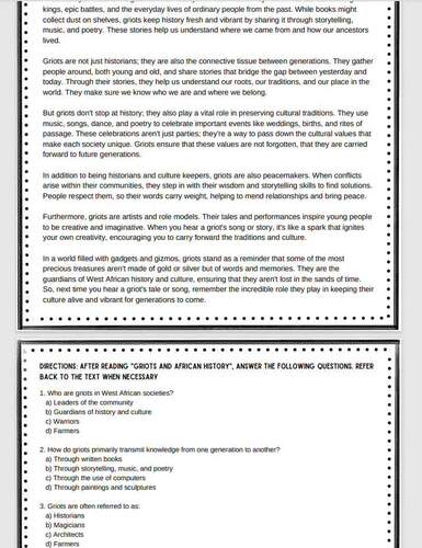 Griots African History Reading Comprehension Worksheet | West Africa ...