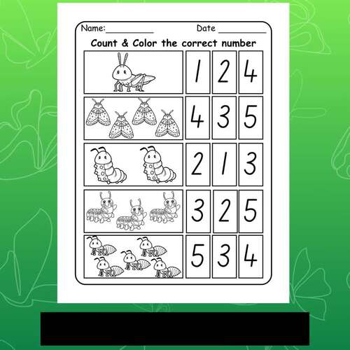 Spring Bugs Count & Color Worksheets, Insects Counting Numbers 1-5 for ...