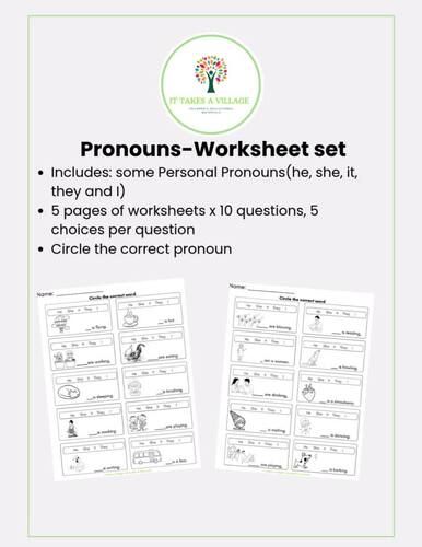 Pronouns worksheets-black and white images, 5 pages (He, She, It, They ...