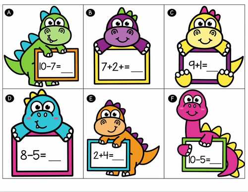 Dinosaur Addition and Subtraction within 10 Scoot Game/Write the Room ...