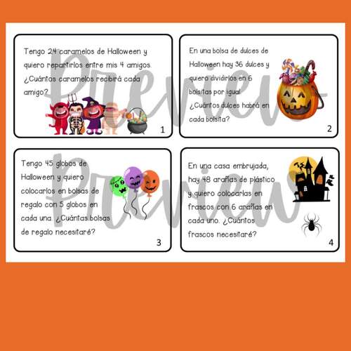 Tarjetas de Problemas de División de Halloween - Centros de Matemáticas