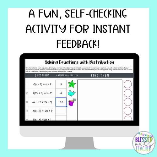 Solving Equations with Distribution Digital Activity Worksheet - Summer