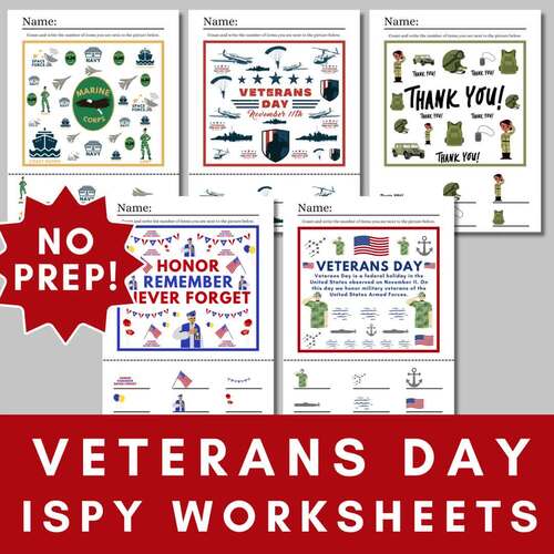 Veterans Day iSpy Printable Worksheets by Jenny Marie | TPT