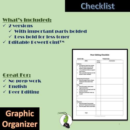 Peer Essay Editing and Evaluating Checklist and Rubric for English Editable