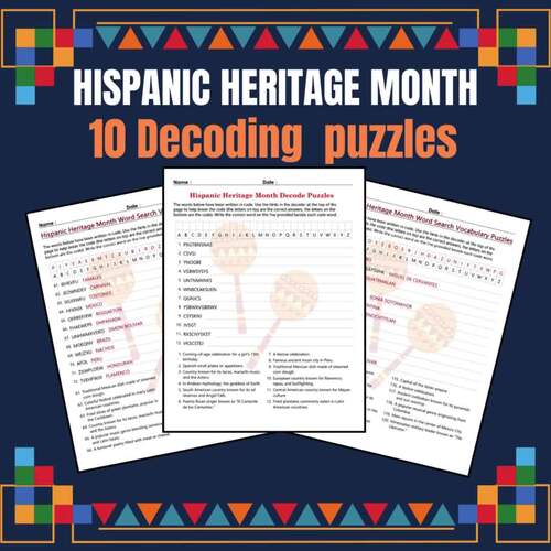 Hispanic Heritage Month Fun Decode 10 Vocabulary Puzzles October Activities