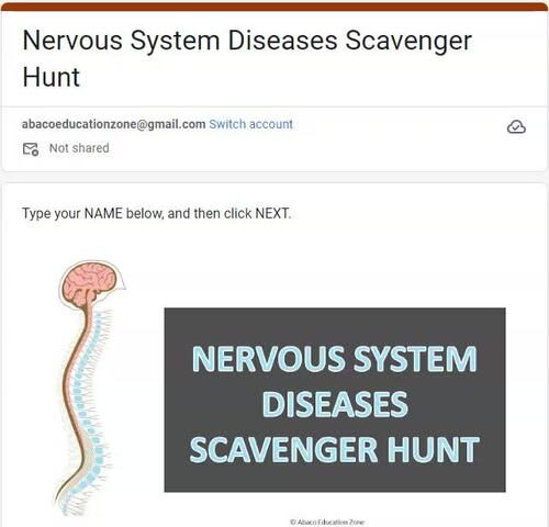 Nervous System Diseases Scavenger Hunt-Nervous System Activity | TPT