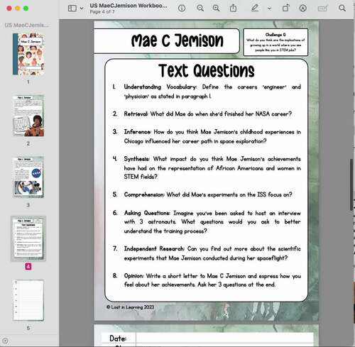 Mae C Jemison || Women in STEM || Guided Reading Comprehension || Text & Qs