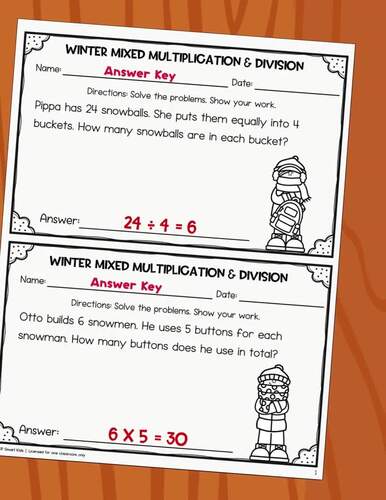 Winter Mixed Multiplication & Division Word Problems Worksheets & Task ...