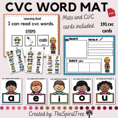 CVC WORD MATS AND CVC CARDS (LITERACY CENTER/WORD WORK) by TheSpiralTree