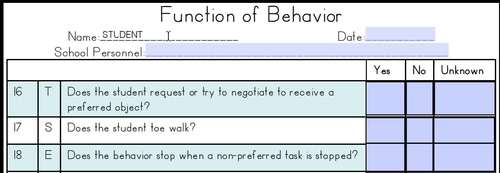 HELP determine if SENSORY is function of behavior fillable PDF CHECKLIST OT