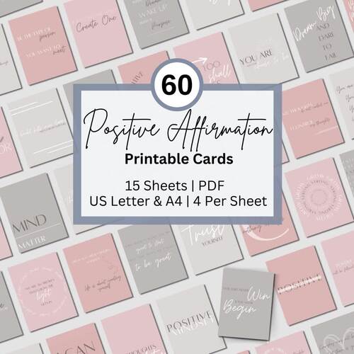 Positive Affirmation Cards, 60 Positive Quote Printable Affirmation Cards