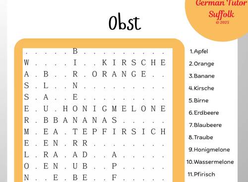 German Vocabulary Fruit - Deutsch Wortschatz Obst - Wordsearch - DaF