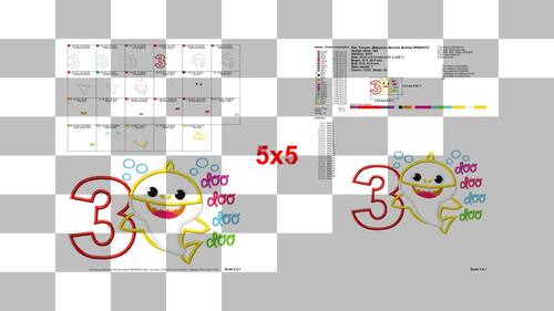 Baby Shark doo doo doo doo Birthday Number 3 Applique Embroidery Design ...