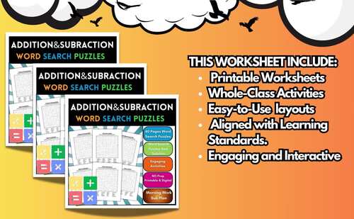 Addition And Subtraction Word Search Activities Morning Work 4th,5th ...