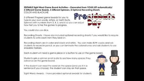 Presidents' Day Sight Word Games Editable for Any List of Items Words ...