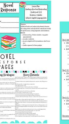 Novel Response Lesson Plans & Activities Grades 5-8 Works With Any Novel