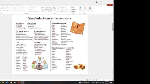 Vocabulary Food, Restaurant and Activities for Spanish Class by Señora ...
