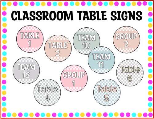 Printable Boho Checkered Classroom Table, Team and Group Number Labels