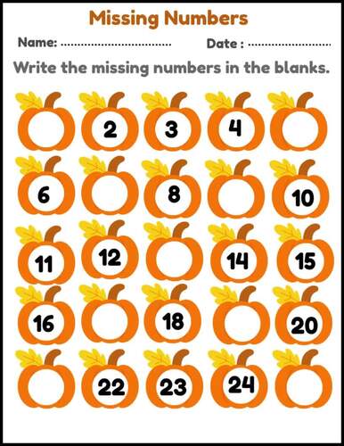Pumpkin Missing Numbers Worksheets | Fall Math Centers PreK–1st from 1–25