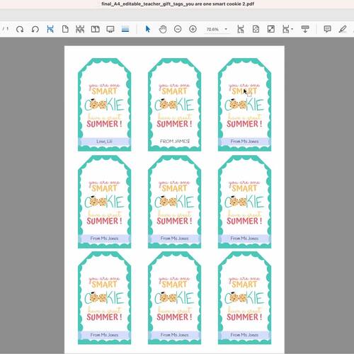 You are One Smart Cookie Gift Tag | Editable Teacher Name | End of Year ...