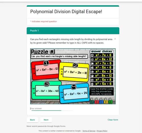 Dividing Polynomials Synthetic Long Division Digital Math Escape Room ...