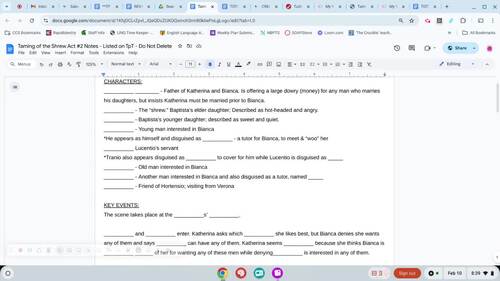Taming of the Shrew Act 2 Pre-Reading Notes and Study Guide with Key
