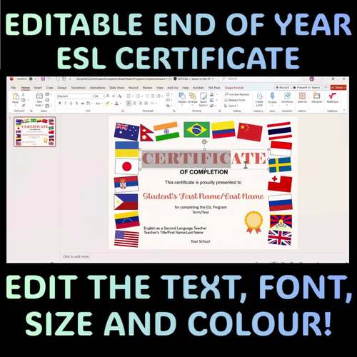 Editable ESL Certificate of Completion | End of Year Student ...