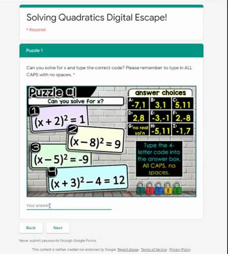 Solving Quadratic Equations Digital Math Escape Room Activity | TPT