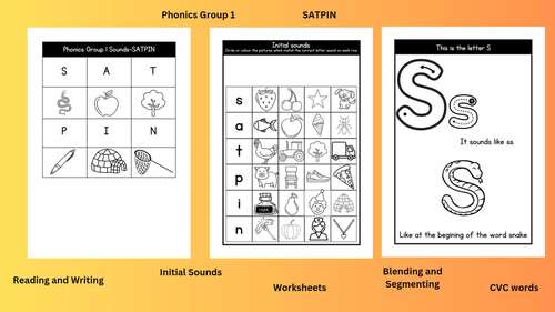 Phonics Group 1 SATPIN worksheets, jolly phonics, initial sounds, cvc words,