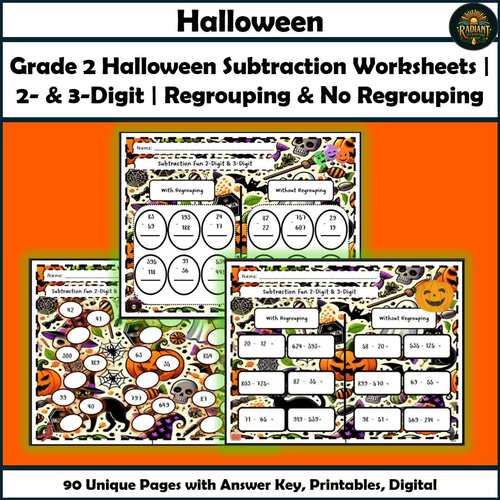Grade 2 Halloween Subtraction Worksheets | 2- & 3-Digit | Regroup & No ...
