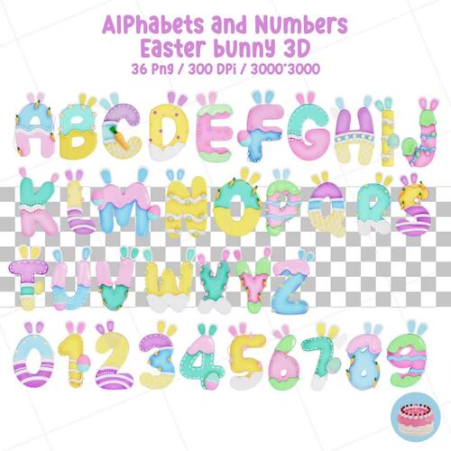 Alphabets and Numbers Easter bunny 3D Hand-Drawn Clipart Set 36 PNG