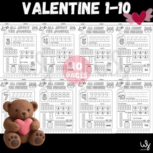 Valentine's Day Math: Numbers 1-10 No Prep Worksheets | Tracing & Counting