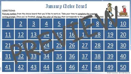 January Choice Board With 50 Writing Prompts by Bell to Bell Resources