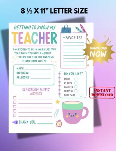 Getting to Know My Teacher Printable Back to School Teacher Info Sheet ...